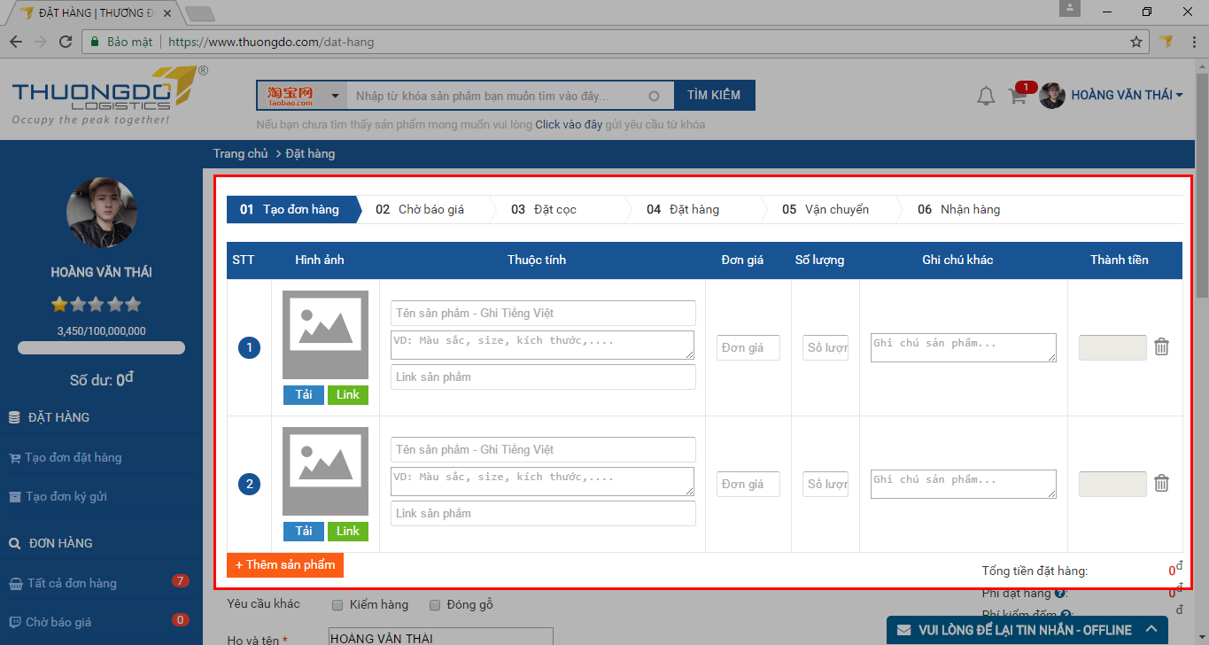 HƯỚNG DẪN TẠO ĐƠN HÀNG